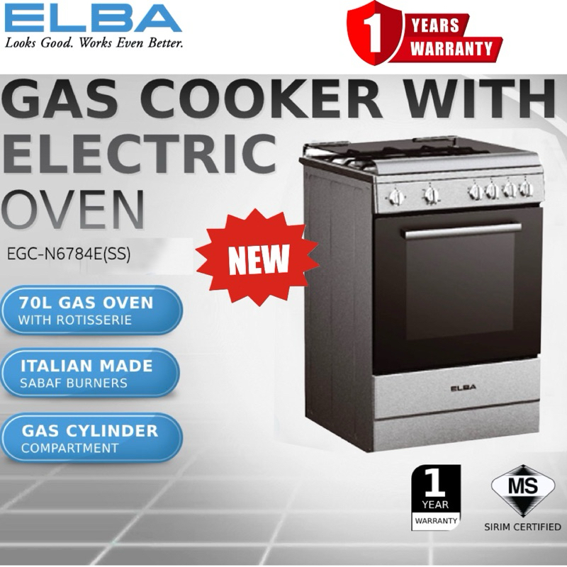 Elba Gas Cooker 4 Burner With Electric Oven EGC-N6784(SS) 70L | Shopee Malaysia
