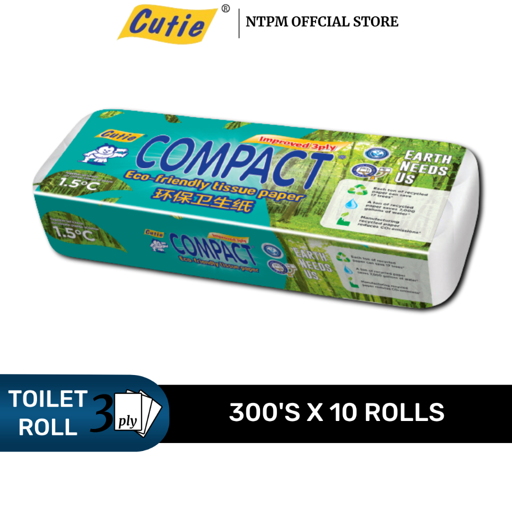 Cutie Compact 3 PLY (GREEN) Toilet Rolls (300's x 10) | Shopee Malaysia