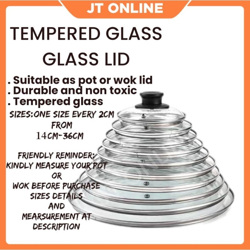 Tempered glass lid 14cm/16cm/18cm/20cm/22cm/24cm/26cm/28cm/30cm/32cm ...