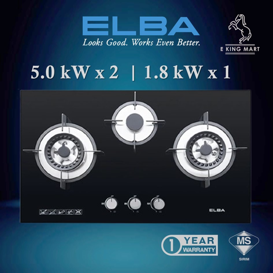 ELBA Gas Cooker Built-In Glass Hob Triple Ring Burner Stove 3 Burner ...