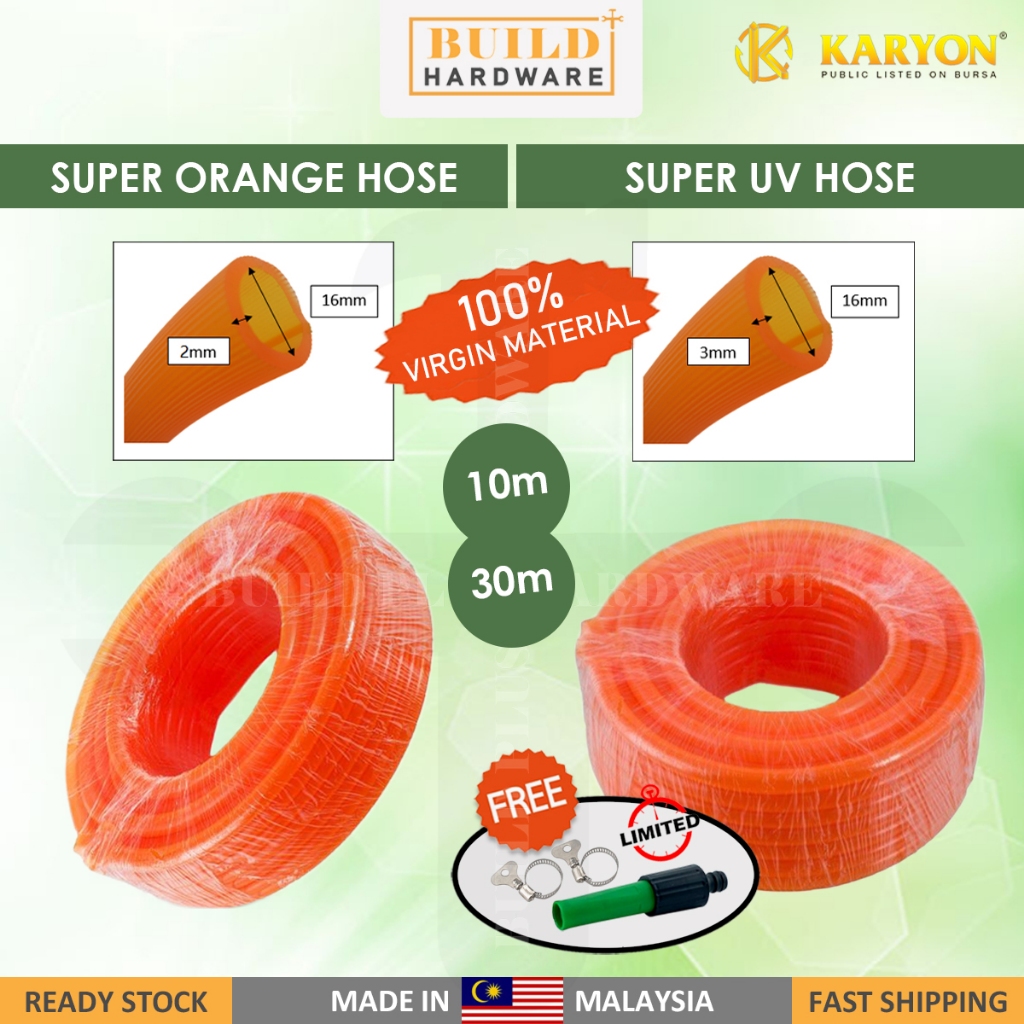 KARYON 10m/30m x 2mm/3mm Super Orange UV Hose Garden Rubber Hose Water ...