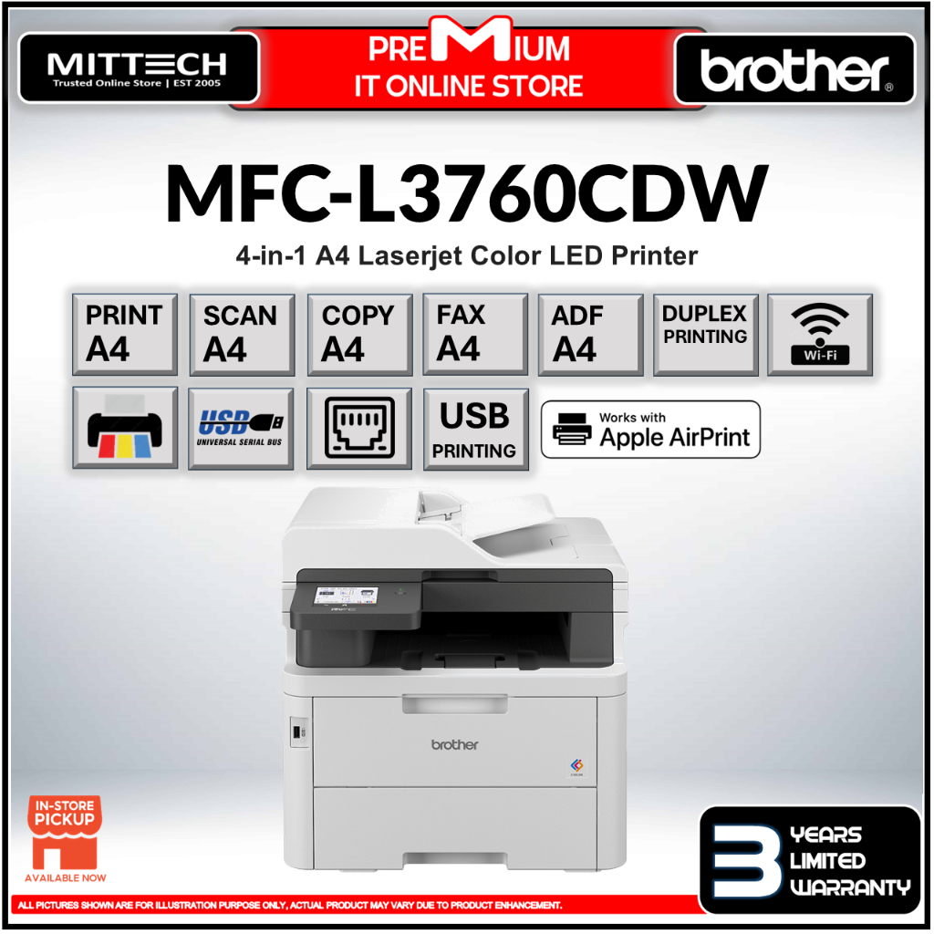 Brother Color LED Laserjet Printer A4 4in1 Wireless MFC-L3760CDW | ADF ...