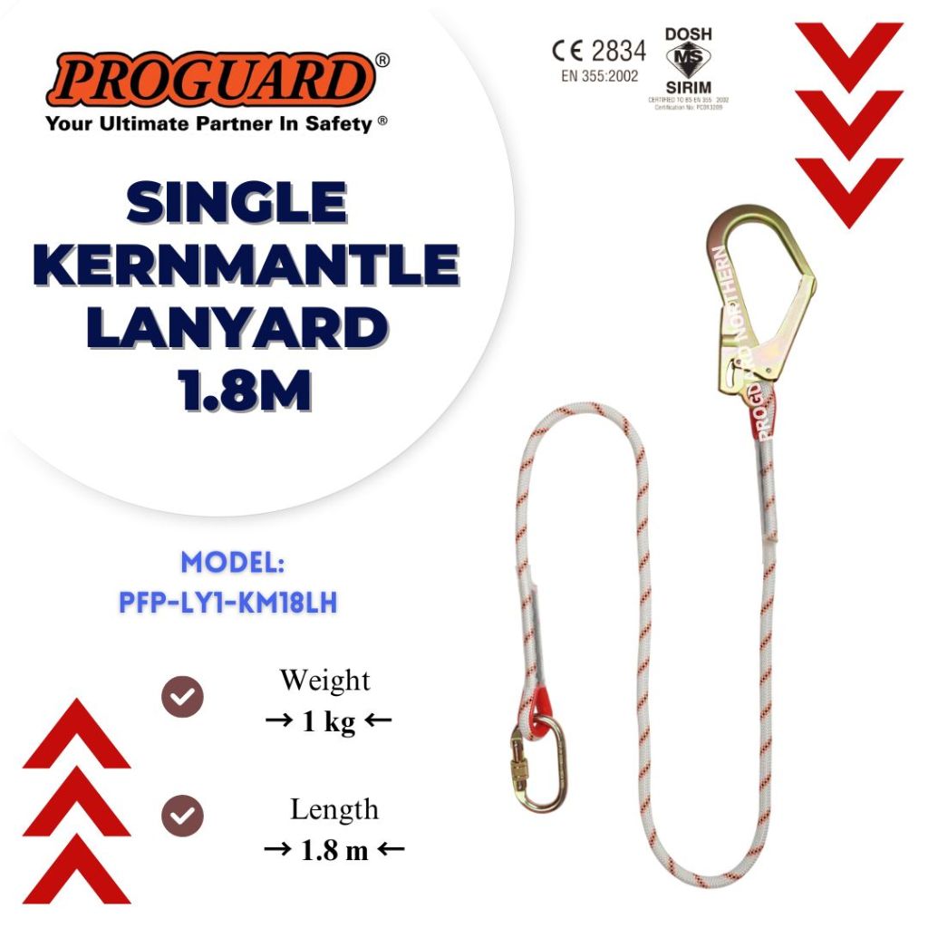 1.8m Single Kernmantle Lanyard with Large Hook and Carabiner Body ...