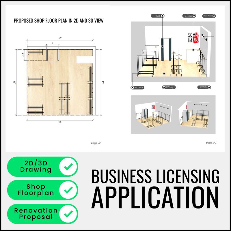 Layout floor plan Drawing 2D 3D untuk submission, approval or proposal Drawing for shoplot kiosk ...