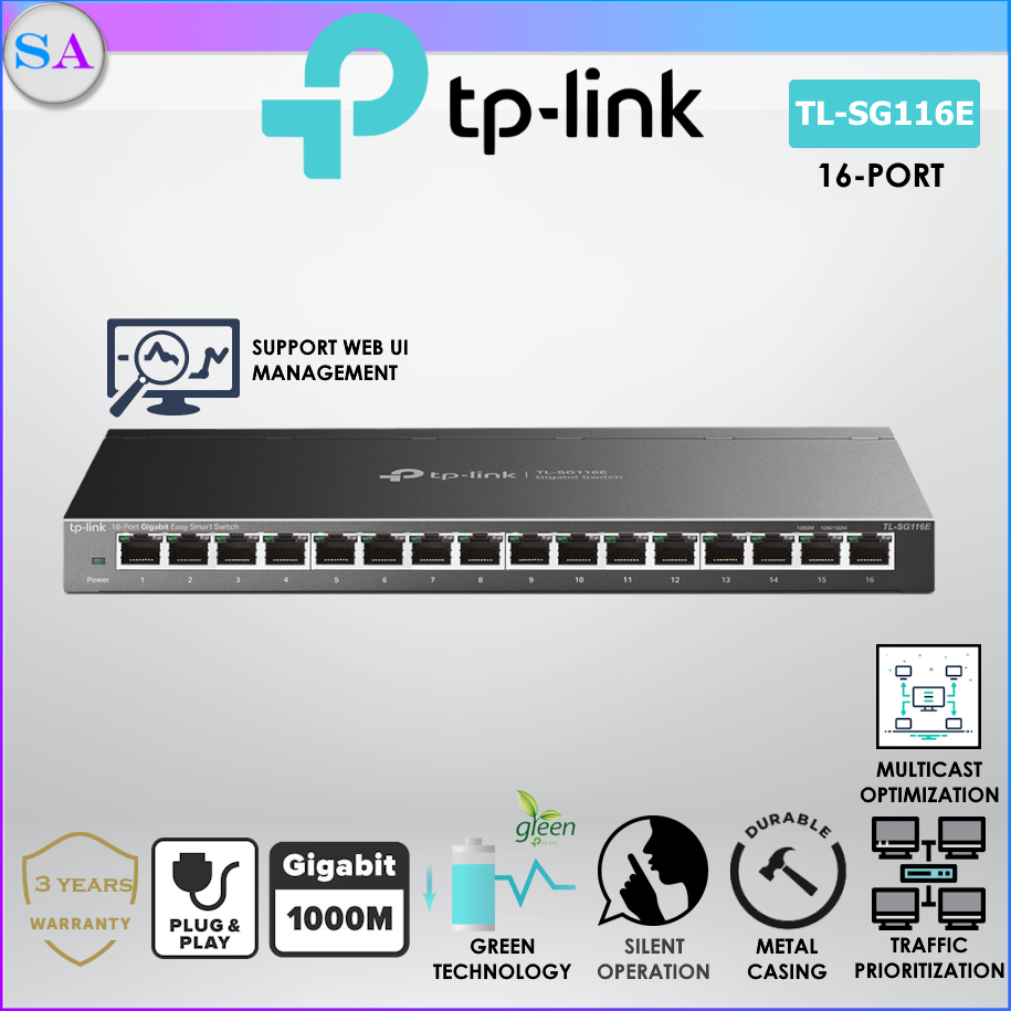 TP-Link TL-SG116 TL-SG116E 16 Port 10/100/1000Mbps Gigabit Desktop Wall mount Easy Smart LAN ...