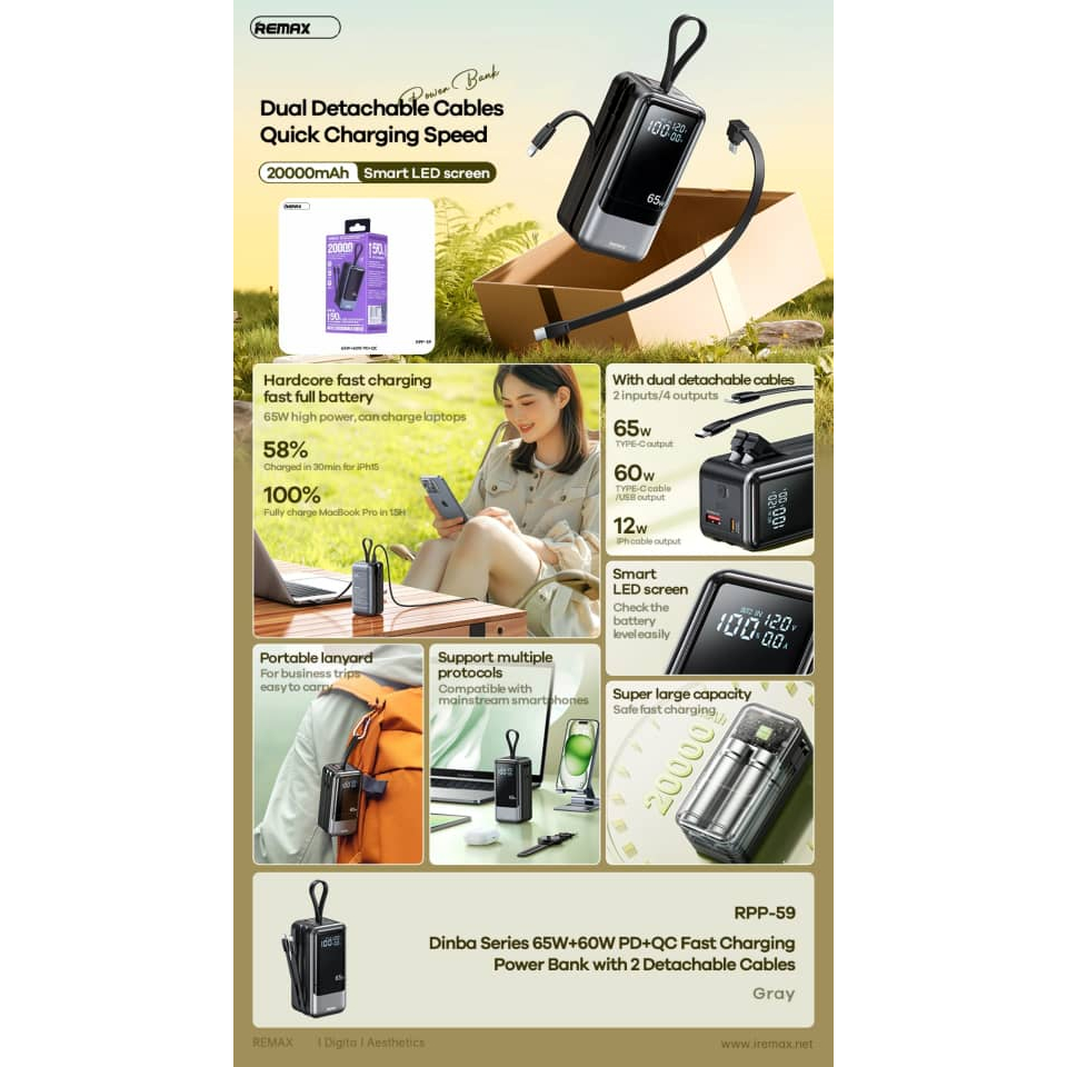 NEW STOCK REMAX DINBA SERIES 65W + 60W PD + QC FAST CHARGING POWER BANK ...