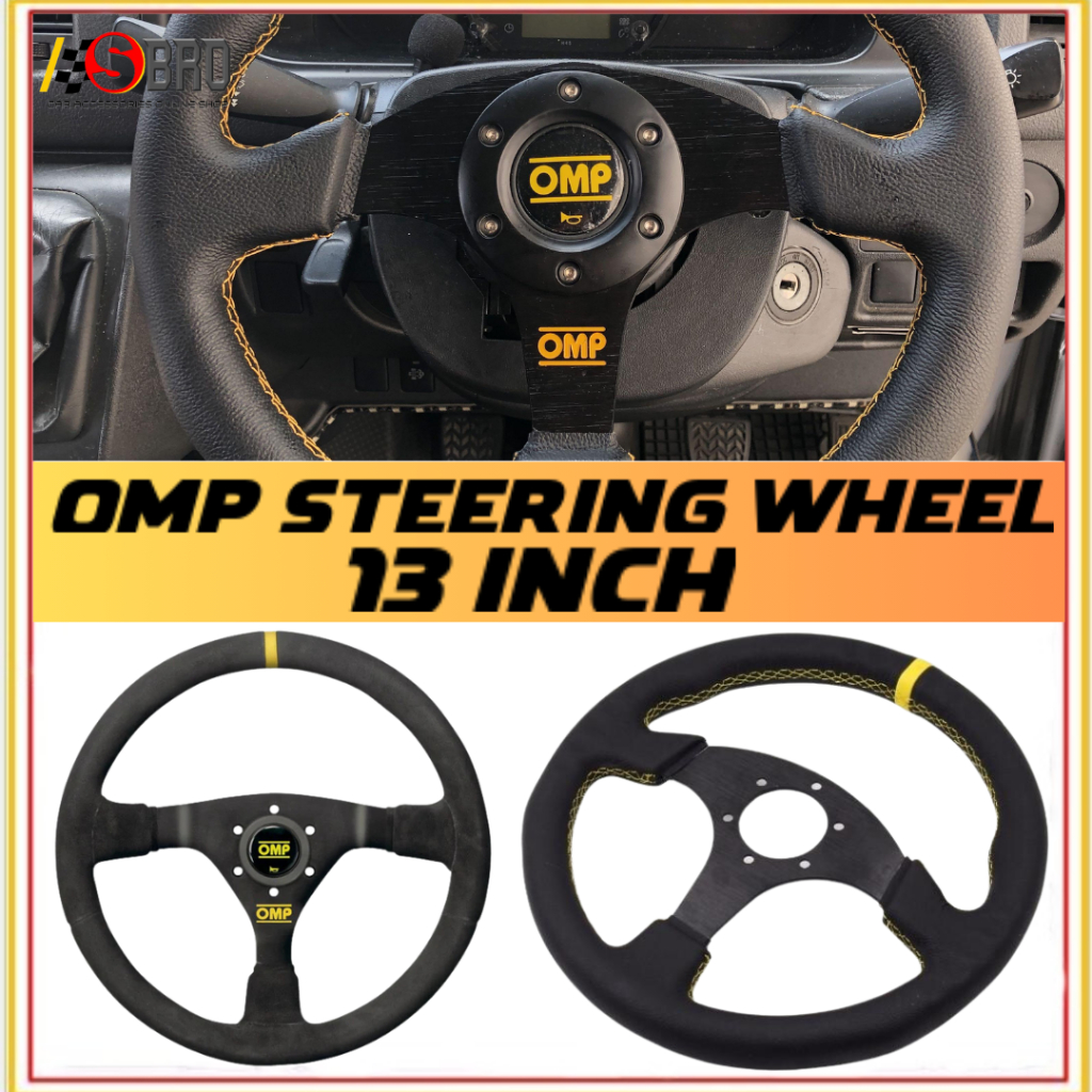 OMP 13 Inch Sport Steering Wheel Omp Steering Wheel Alcantara Yellow Line Universal Flat Racing ...