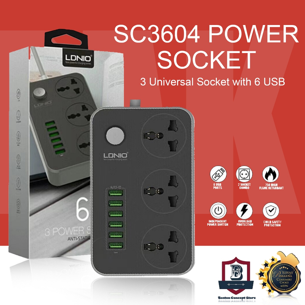Power Strip 3 Universal Socket with 6 USB 1PD Output 3.4A & 2m UK Plug ...