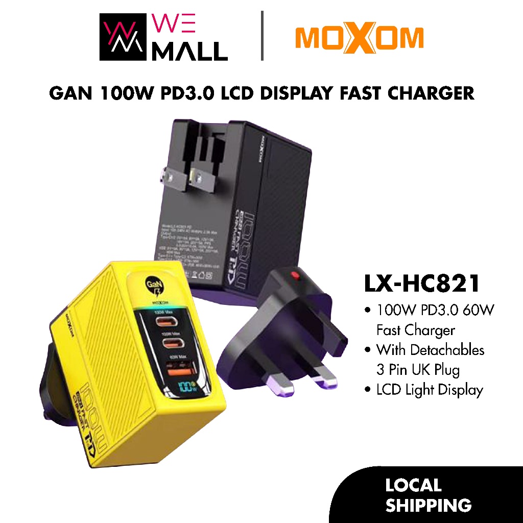 MOXOM PD GaN 100W PD3.0 100W 60W 3 Pin Plug UK Fast Charger LCD Display ...