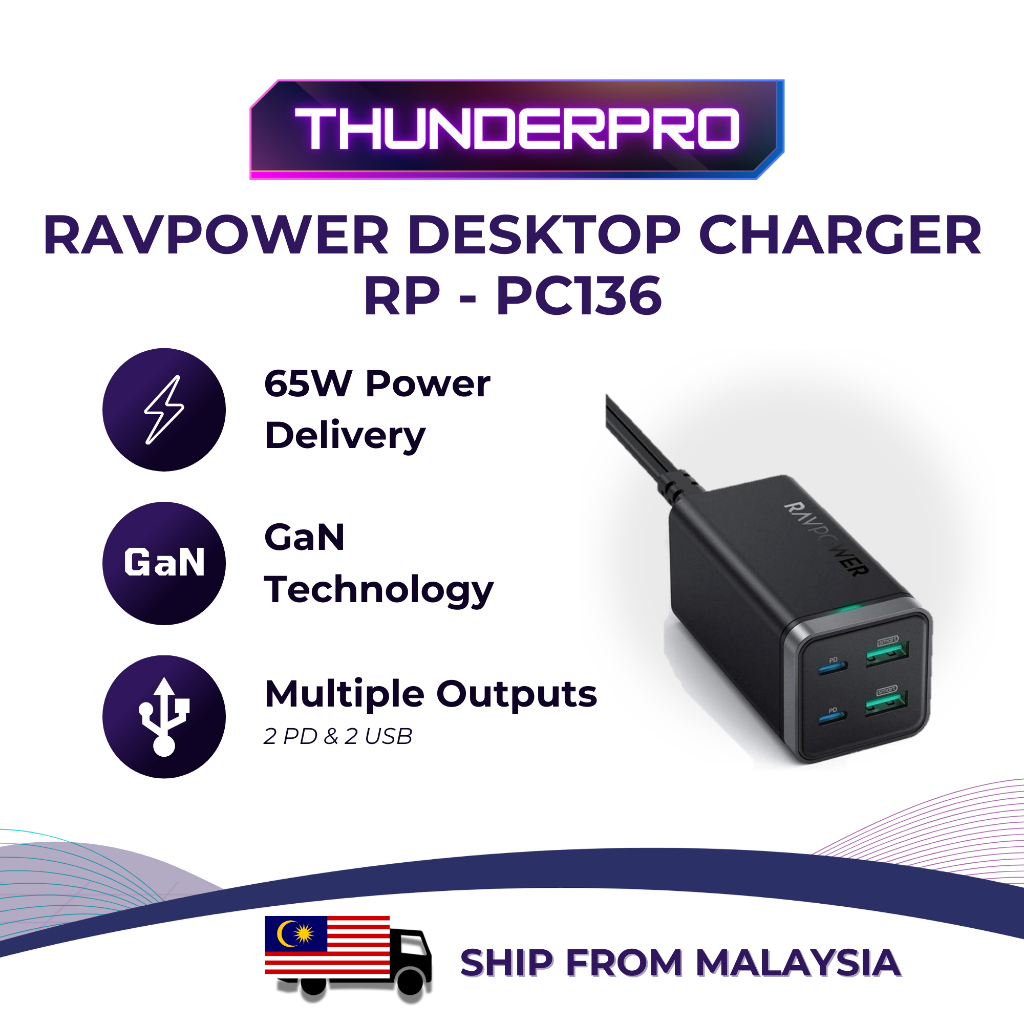 RAVPower 65W 4-Port GaN Tech Desktop Charger RP-PC136 PD Pioneer USB C ...