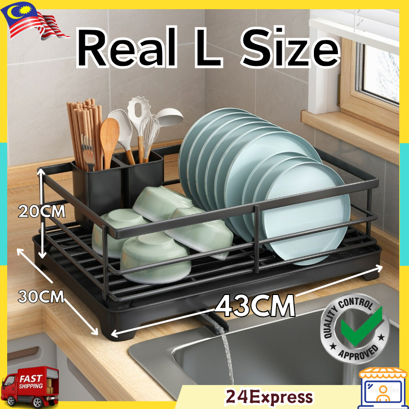 43CM Large Rak Pinggan Kitchen Sink Dish Drying Rack Auto Drainer Tray ...