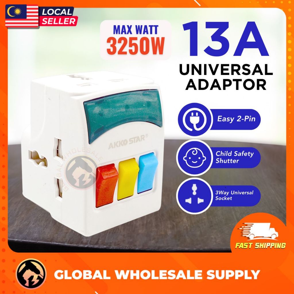 1PC Akko Star 13AMP 3-WAY International Multi Universal Adaptor With ...