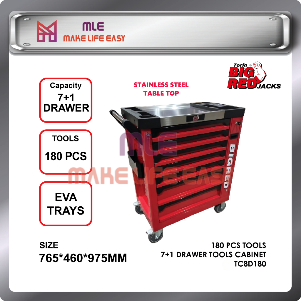 BIG RED TOOL CABINET 7 + 1 DRAWERS WITH 180 TOOLS | Shopee Malaysia