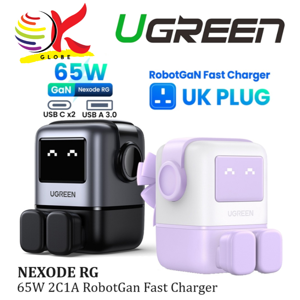 UGREEN NEXODE ROBOTGAN 65W UK PLUG WITH 2C1A / FAST CHARGE / LED ...