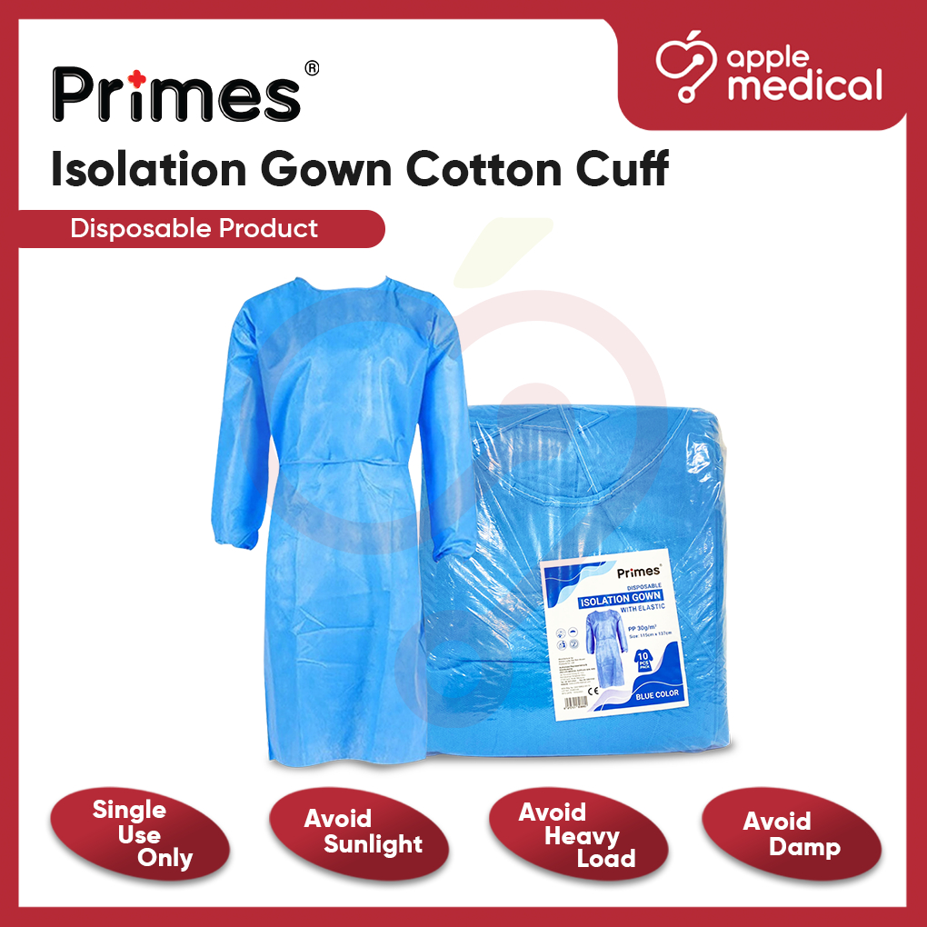 Primes Isolation Gown With Elastic Blue Color 10pcs/pkt / Gaun Pengasingan Dengan Warna Biru ...
