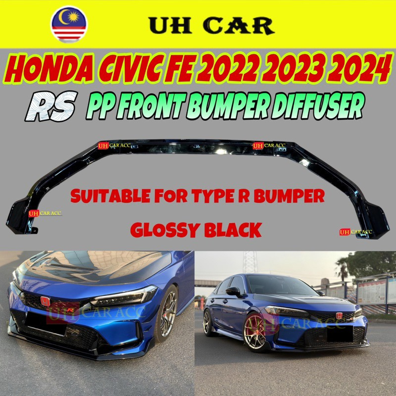 (RS DESIGN WITH SHARK) Honda Civic FE 2022 2023 2024 3PCS Type R Front Bumper Diffuser Lip Skirt ...