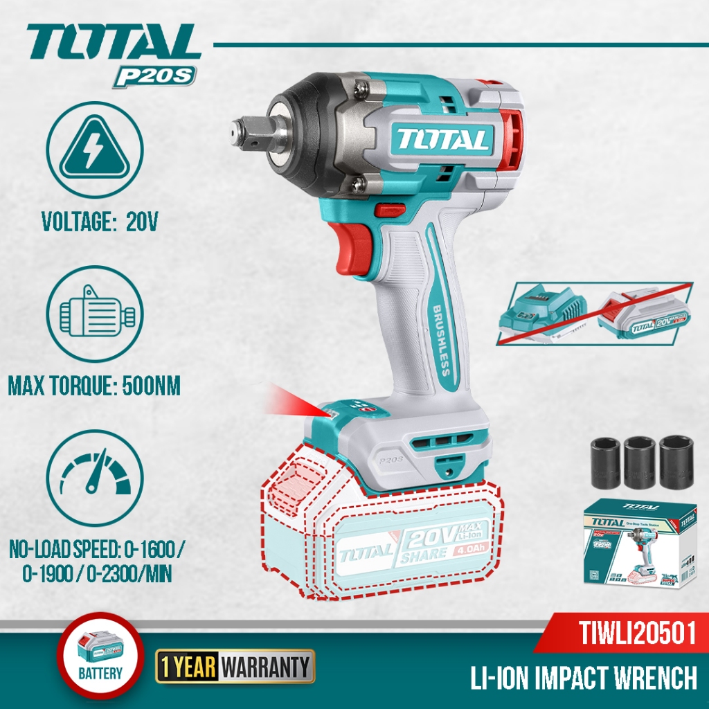TOTAL Li-ion Impact Wrench (300-850Nm) Brushless Motor + Battery (2 Pc ...