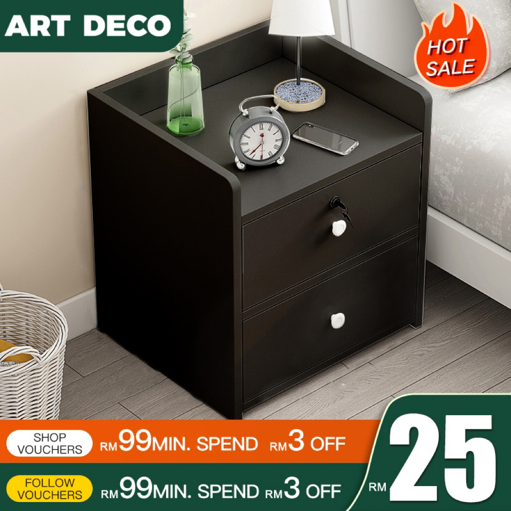 Side Table with Drawer Black Bedside Table Rack Kecil Tepi Katil Almari ...