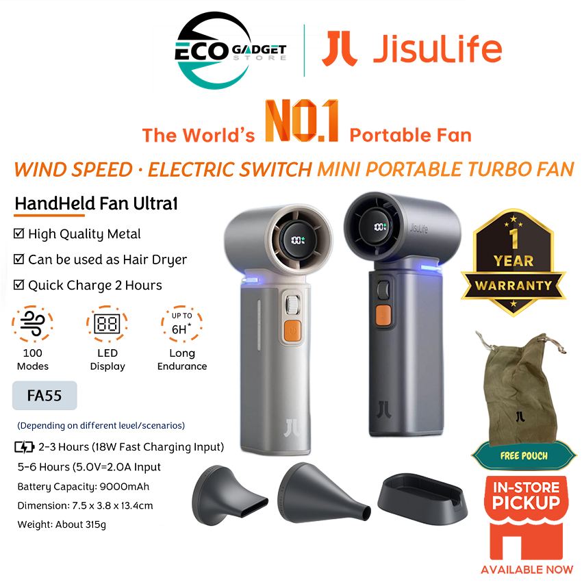 JISULIFE Handheld Fan Ultra1 LED 3 in 1 Portable Fan 9000mAh Battery ...