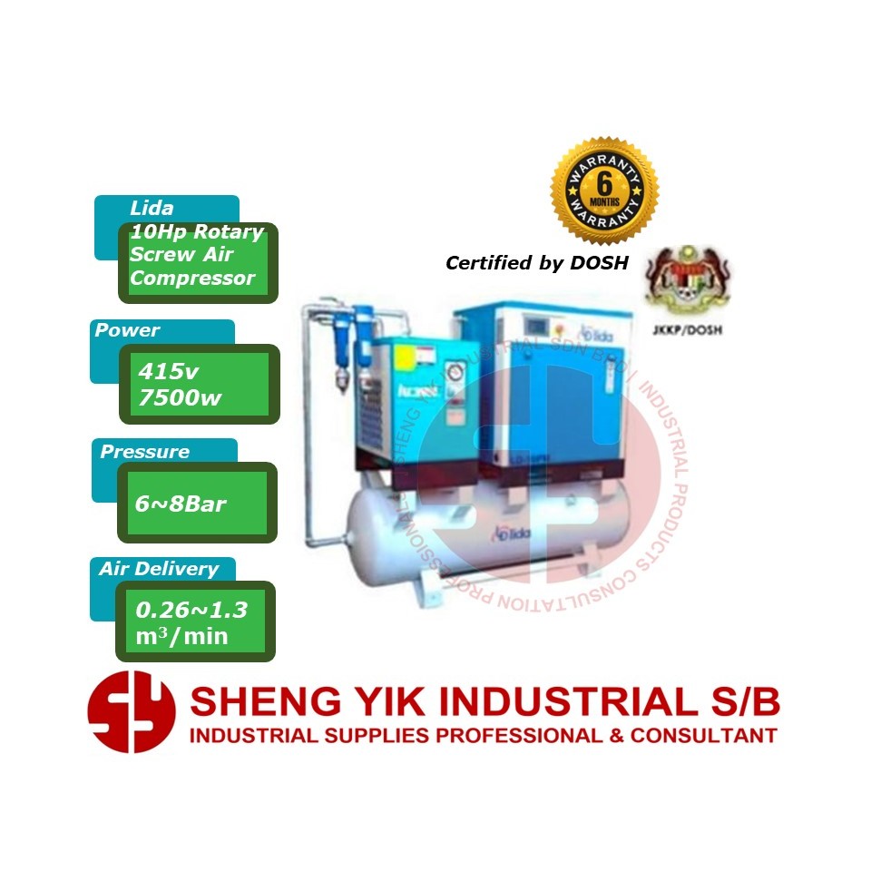SYI Lida 10Hp Rotary Screw Air Compressor c/w Refrigerated Air Dryer ...
