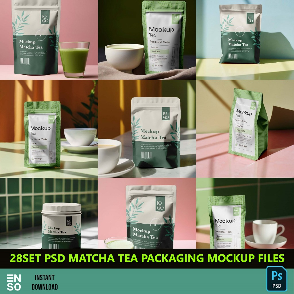 28-Set PSD Matcha Tea Packaging Mockup Files | PHOTOSHOP Editable ...
