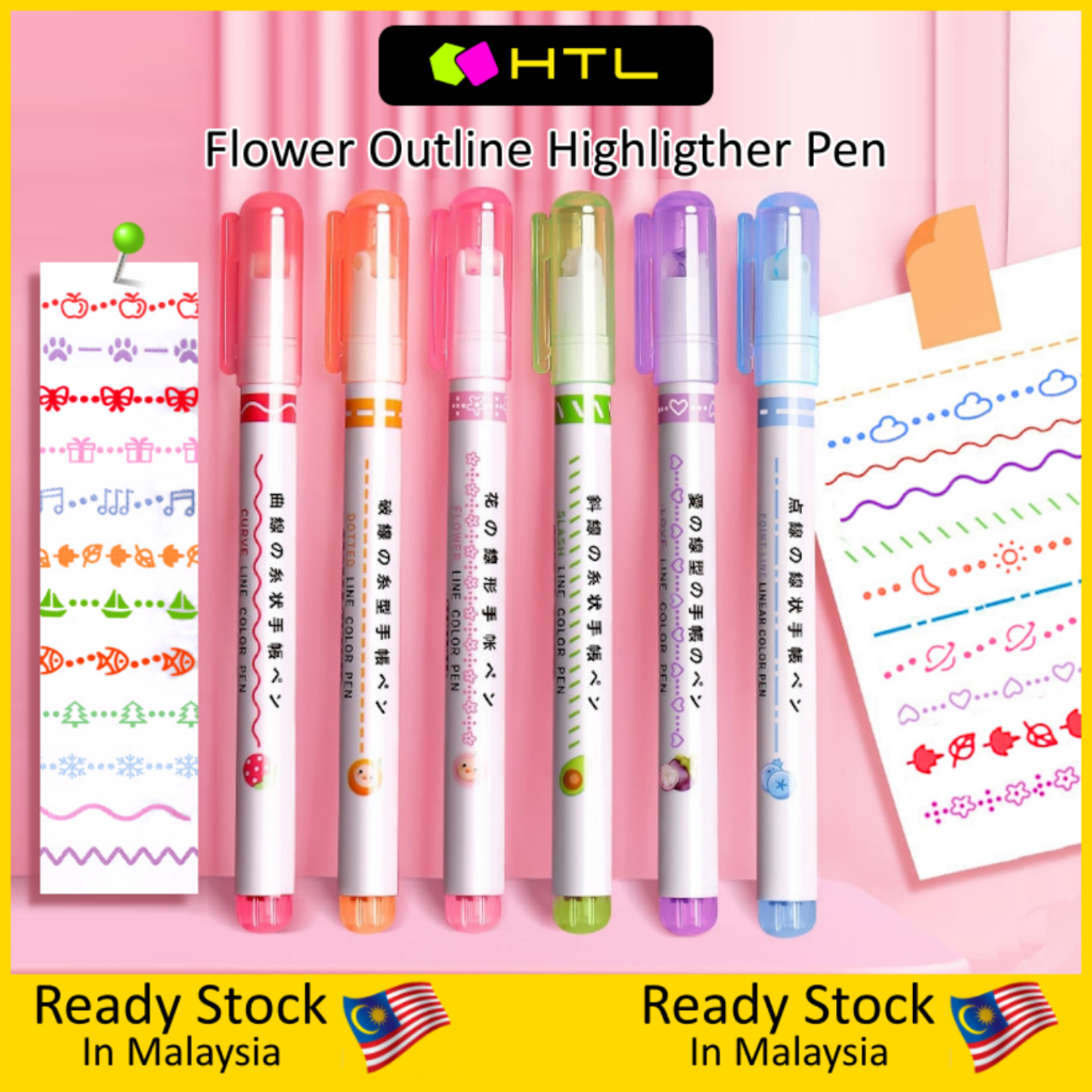6pcs Line Shaped Outline Highlighter Pen Multi Color Roller Tip ...