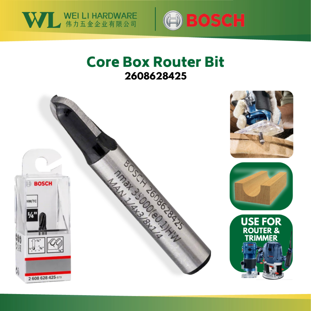 BOSCH 1/4" Core Box Bit For Radiused Grooves Router Bit 2608628425 ...