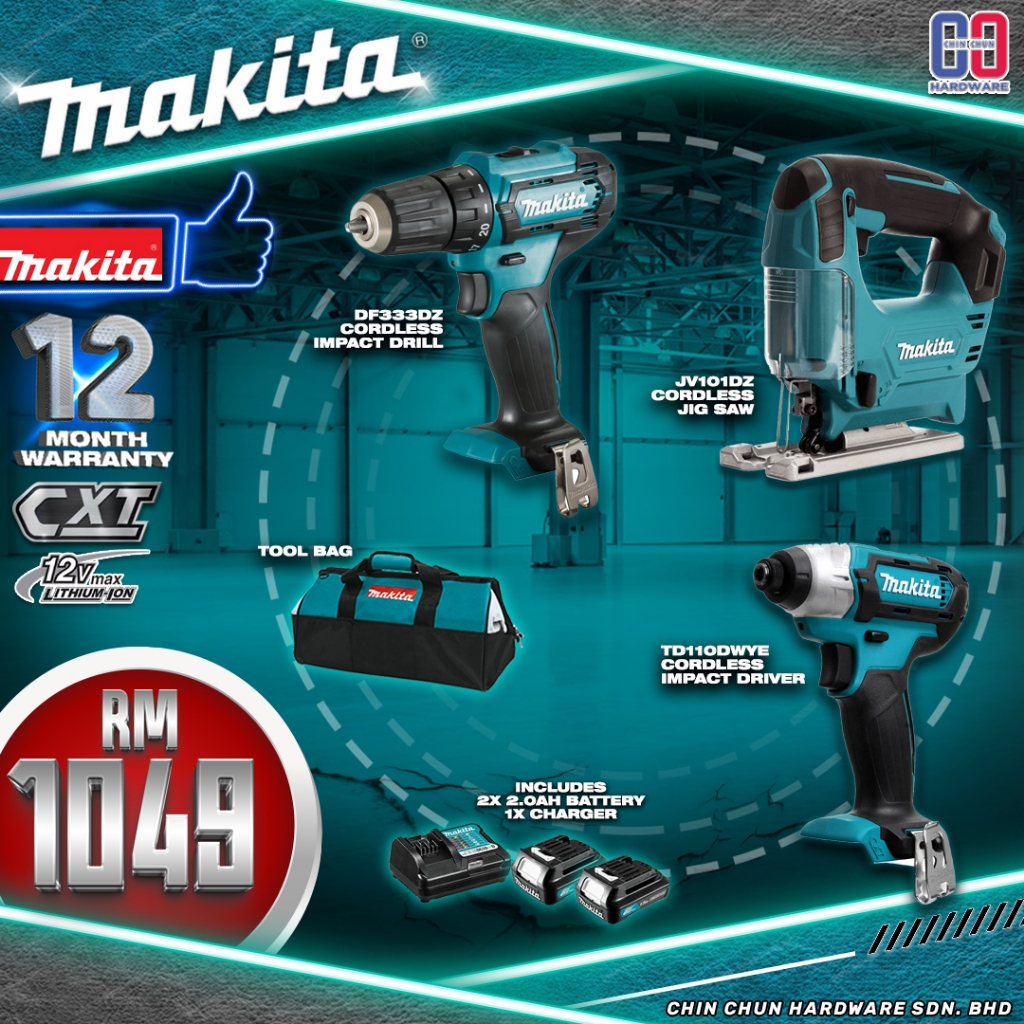 MAKITA COMBO | COMBO JV101DZ JIGSAW + TD110DWYE IMPACT DRIVER + DF333DZ DRIVER DRILL + TOOL BAG ...