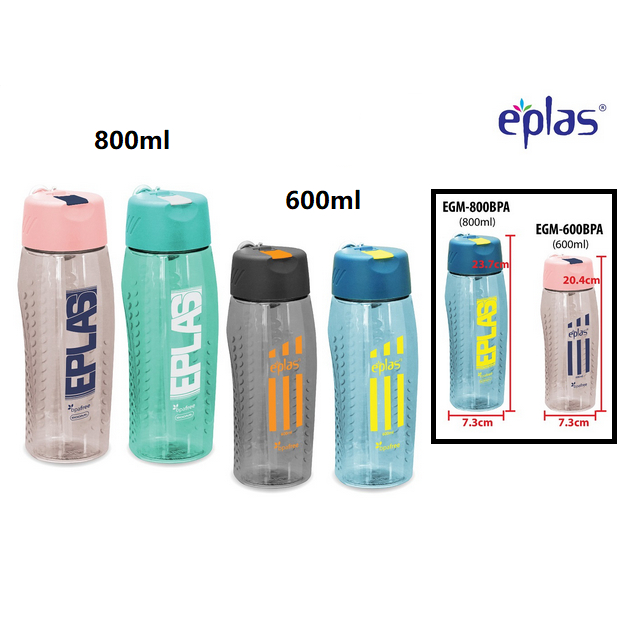 EPLAS MODERN BPA FREE 600ml/800ml Sport Water Bottle With Straw & Snap ...