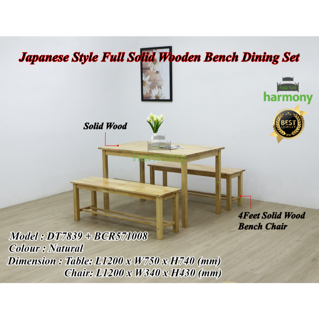 Harmony Wooden Bench Chair Dining Table Set / Set Meja Makan Kayu ...