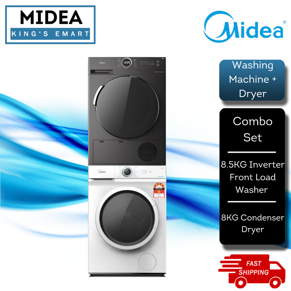 [COMBO SET] Midea 5 Star Inverter Front Load Washer & 8KG Condenser ...