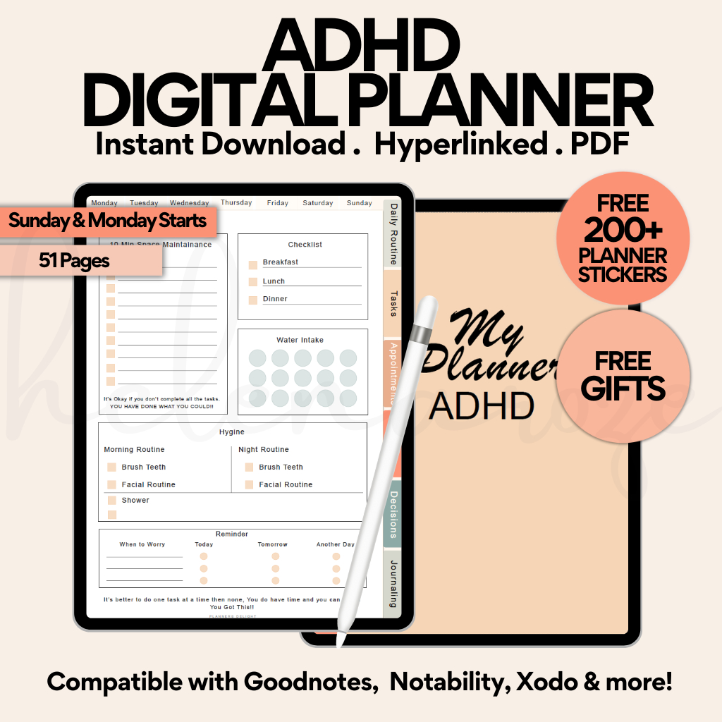 Adhd Digital Planner, Hyperlinked Journal Book Goodnotes iPad Diary ...