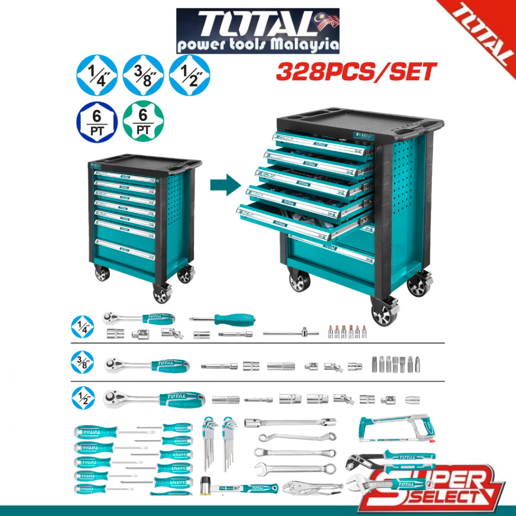 TOTAL Tool Chest Set (328 Pcs) 7 Drawers w/ Castor, Wrench, Sockets ...
