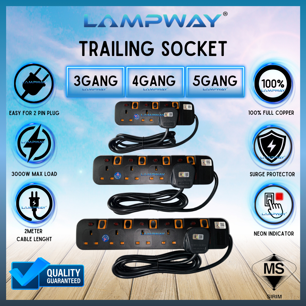 [SIRIM] LUMELINK Trailing Socket with Neon 3Gang/4Gang/5Gang (Easy For 2 Pin Plug) Extension ...