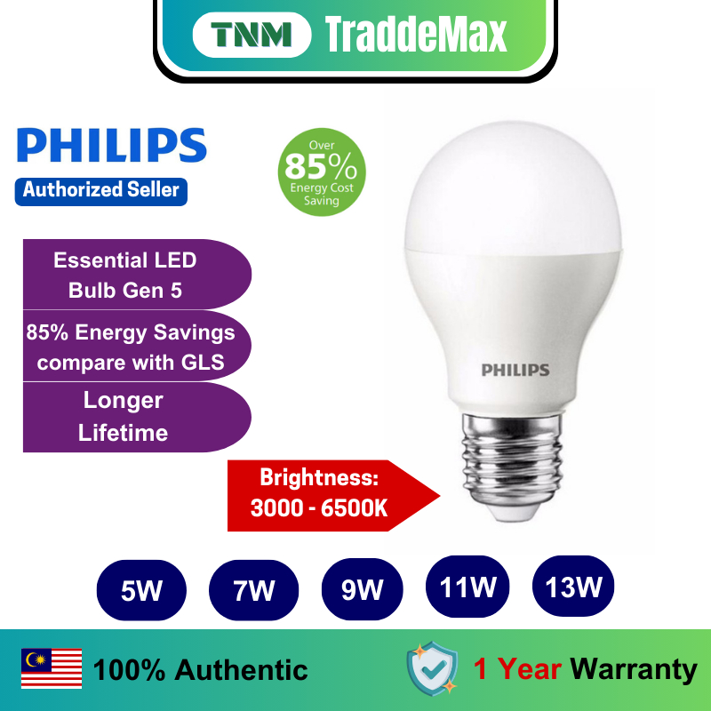 PHILIPS LED Bulb Essential 5W 7W 9W 11W 13W ( 3000K Warm White / 6500K Daylight ) | Shopee Malaysia
