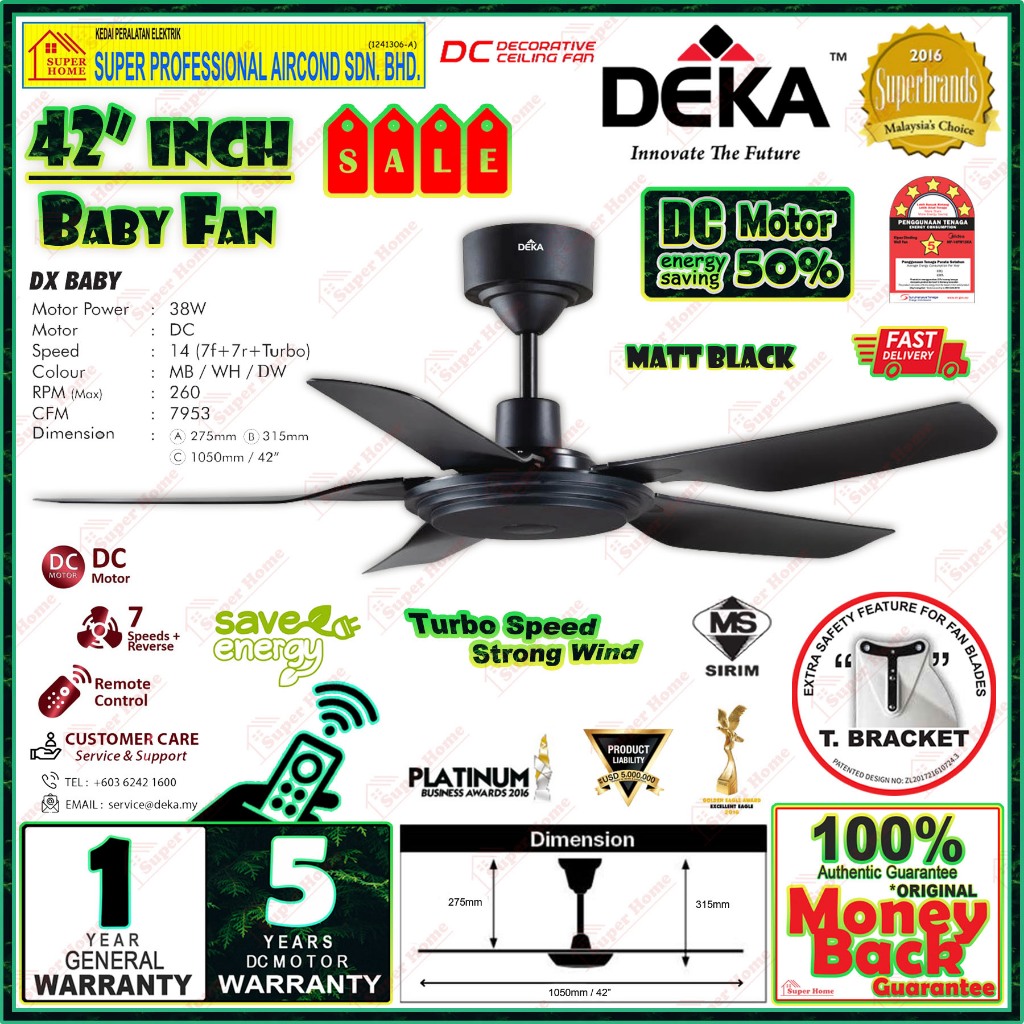 Deka Baby Fan DX Baby Matt Black((42 inch)) DC Motor Ceiling Fan With ...