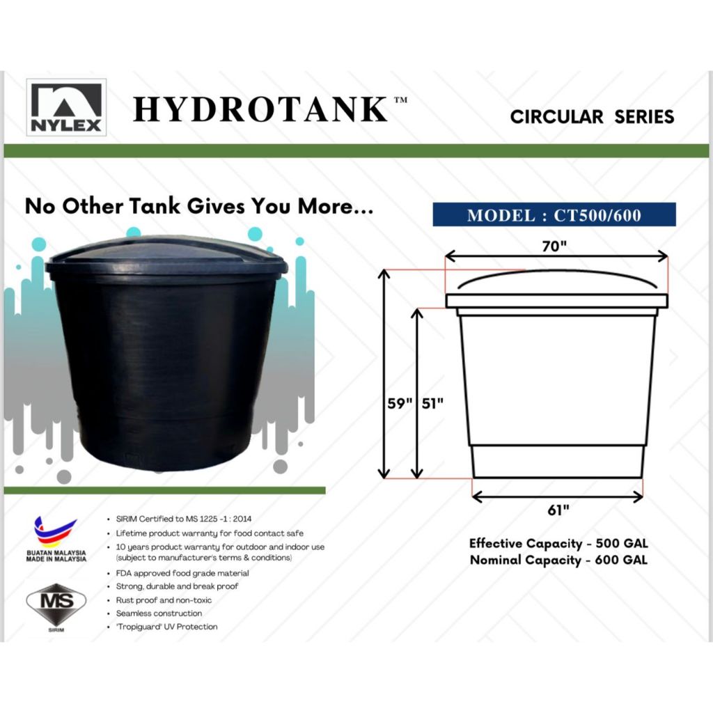 CT 600G NYLEX POLY WATER TANK N500 (70" X 59") [ CT500/600 ] KLANG ...