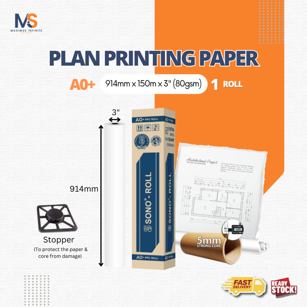 A0+ 914mm X 150M X 3" / SONO-ROLL Plan Printing Paper (1 Roll/ Box ...