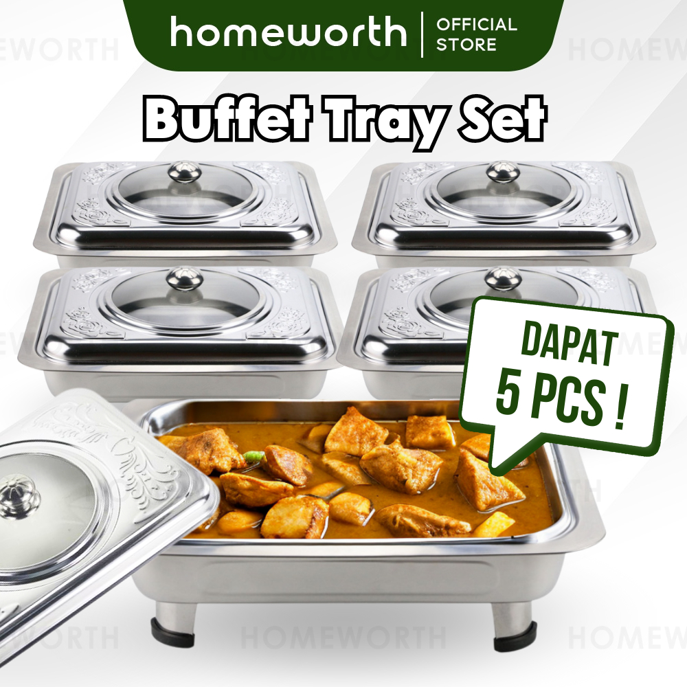 HOMEWORTH 5 Pcs Set Stainless Steel Four-Leg Stove Buffet Square Stove with Transparent Glass ...