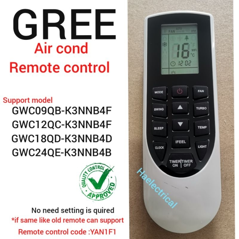 GREE Aircond Remote Control Gree YAN1F1 GWC09QB-K3NNB4F / GWC12QC ...