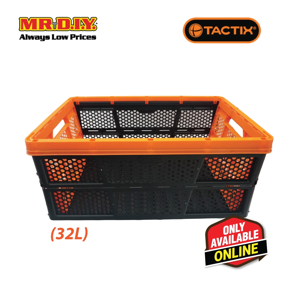 TACTIX Collapsible Knock Down Basket Crate Plastic Storage Organizer ...