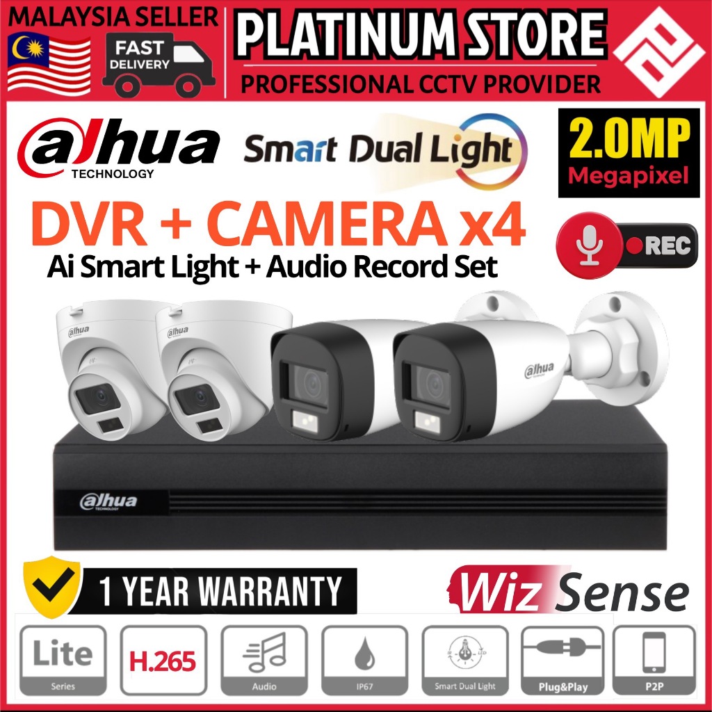 DAHUA 4CH 2.0MP AI DUAL SMART LIGHT NIGHT VIEW 4 CH CHANNEL DVR + 4 ...