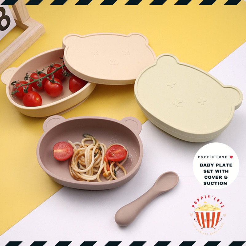 POPPINLOVE Baby Silicone Suction Bowl Spoon Set Cover Feeding Plate Led ...