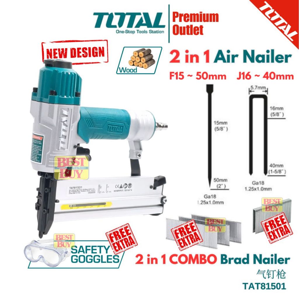 TOTAL 2 in 1 Pneumatic Air Nailer Gun /Air Nail Wood working DIY(F15 ...