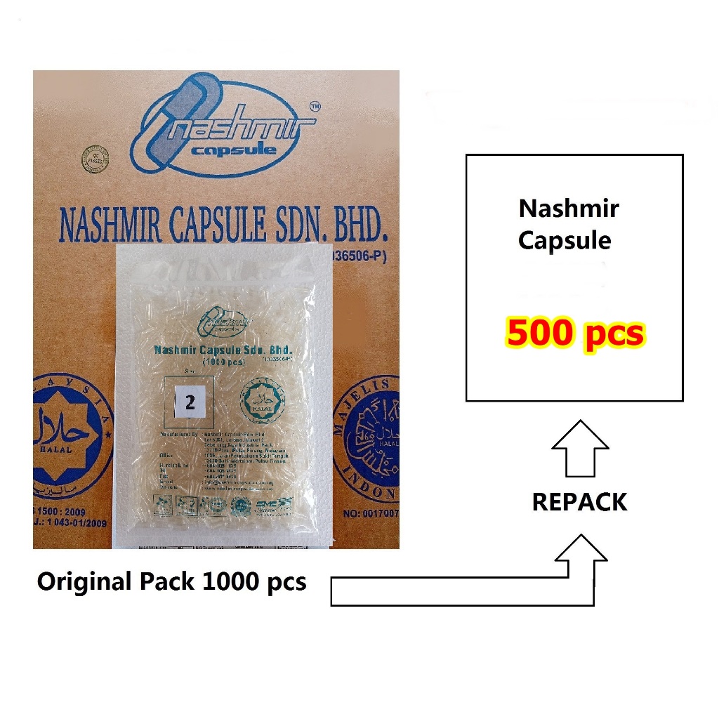 Nashmir Empty Gelatin Capsule Size 2 (REPACK 500pcs) / Kapsul kosong ...