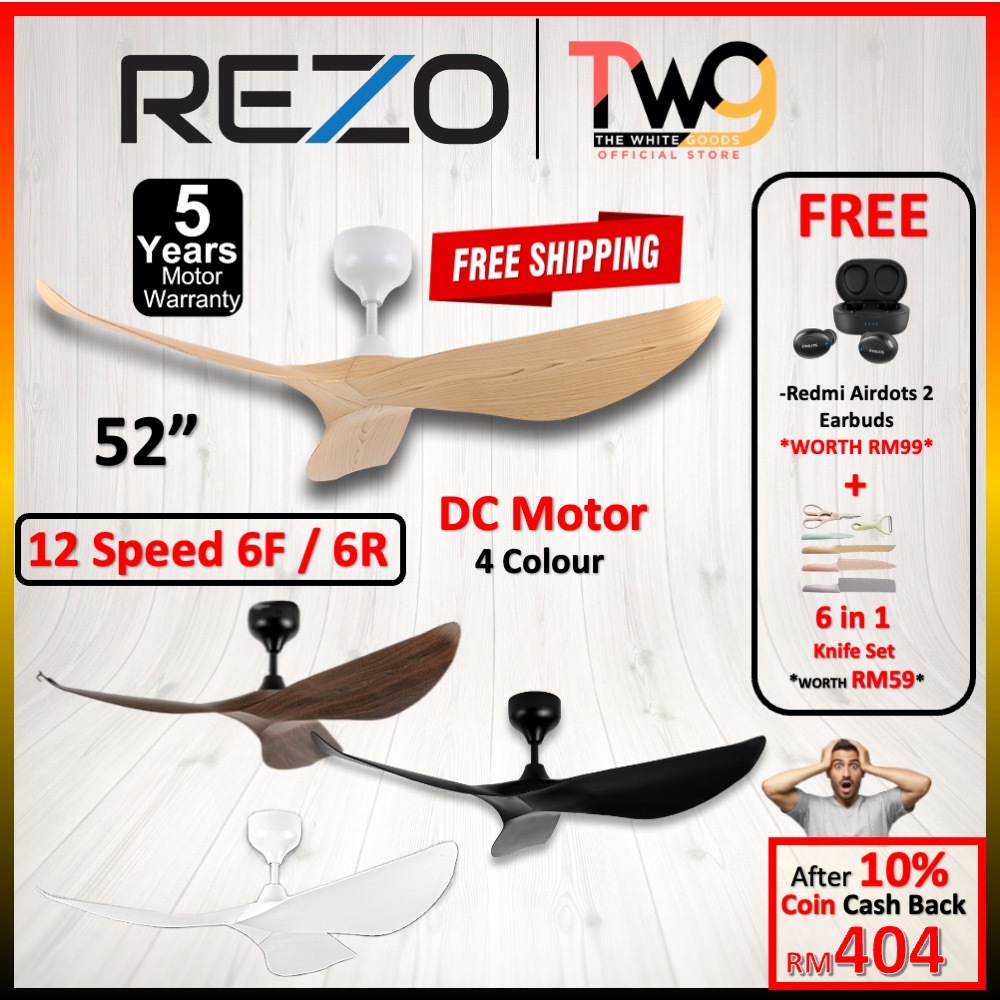 [FREE SHIPPING + 2 GIFT] REZO KAZE 52” DC MOTOR 12 Speed Natural Quiet ...