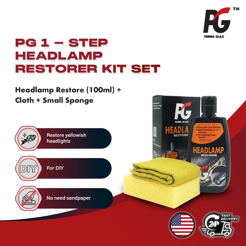 PG 1-Step Headlamp Restorer Kit Set (Headlamp 100ml + Cloth + Small ...