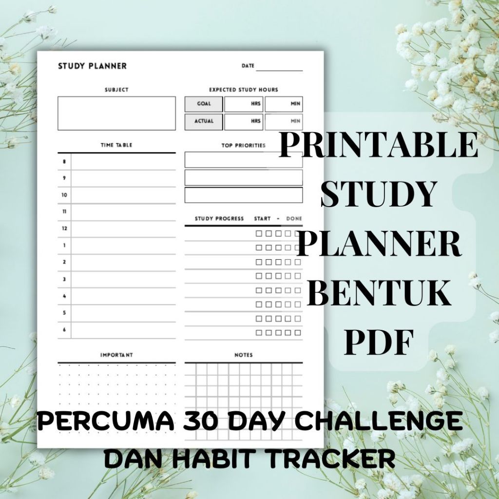 PRINTABLE PDF STUDY PLANNER, 30 DAY CHALLENGE AND HABIT TRACKER ...