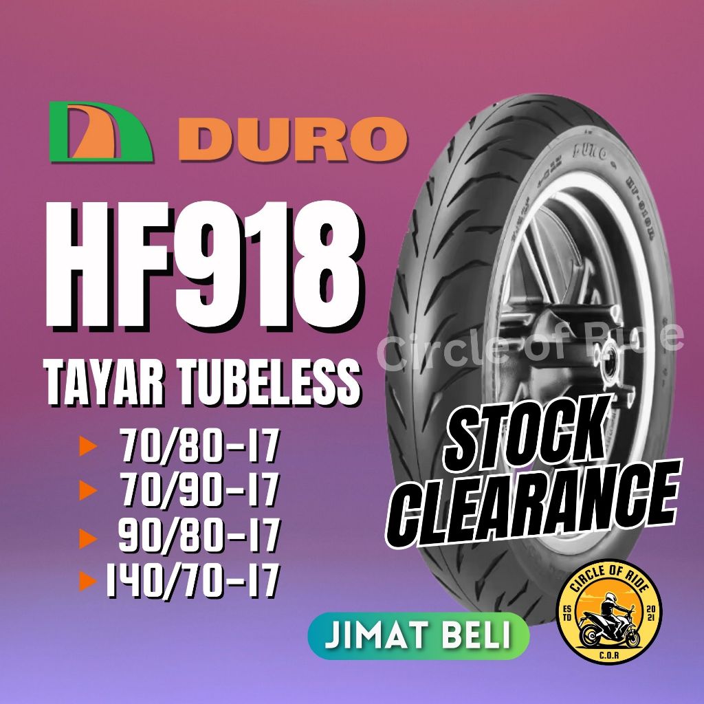 DURO Tubeless Tyre HF918 17'- 70/90 90/80 (2022) 140/70 (2023) 70/80 ...