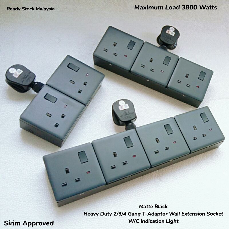 Heavy Duty Matte Black 2/3/4 Gang T-Adaptor Wall Extension Plug Wire ...